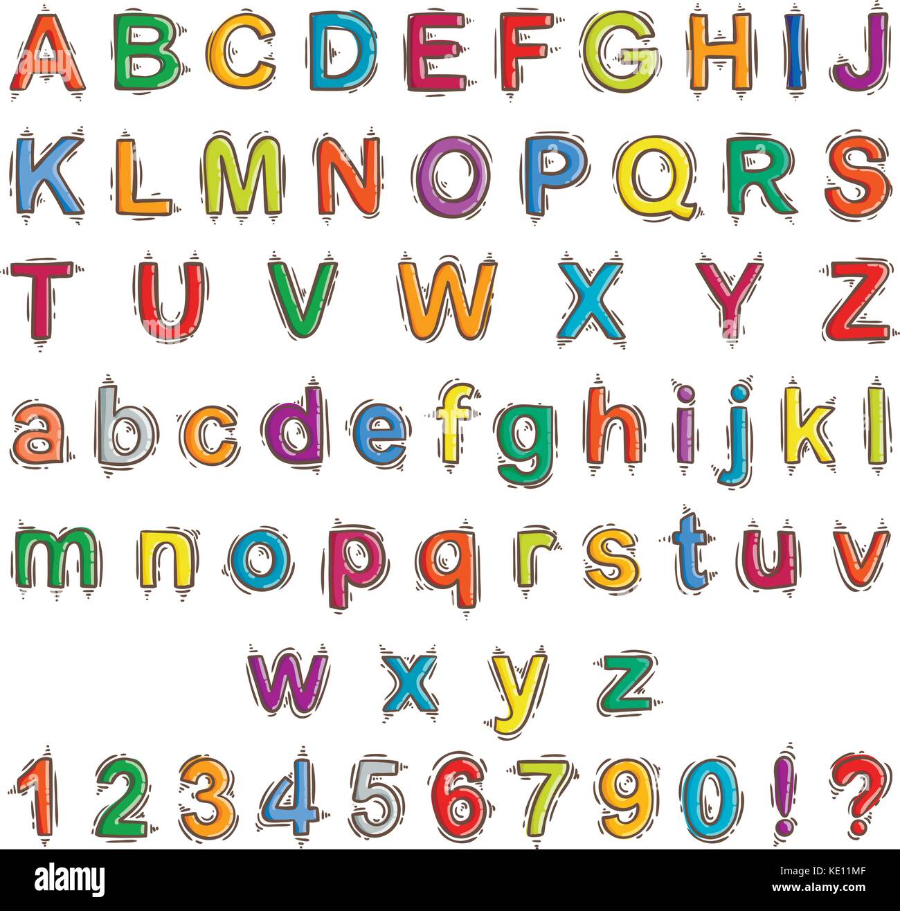 Hand drawn doodle font. Cartoon vector alphabet. Color letters ...