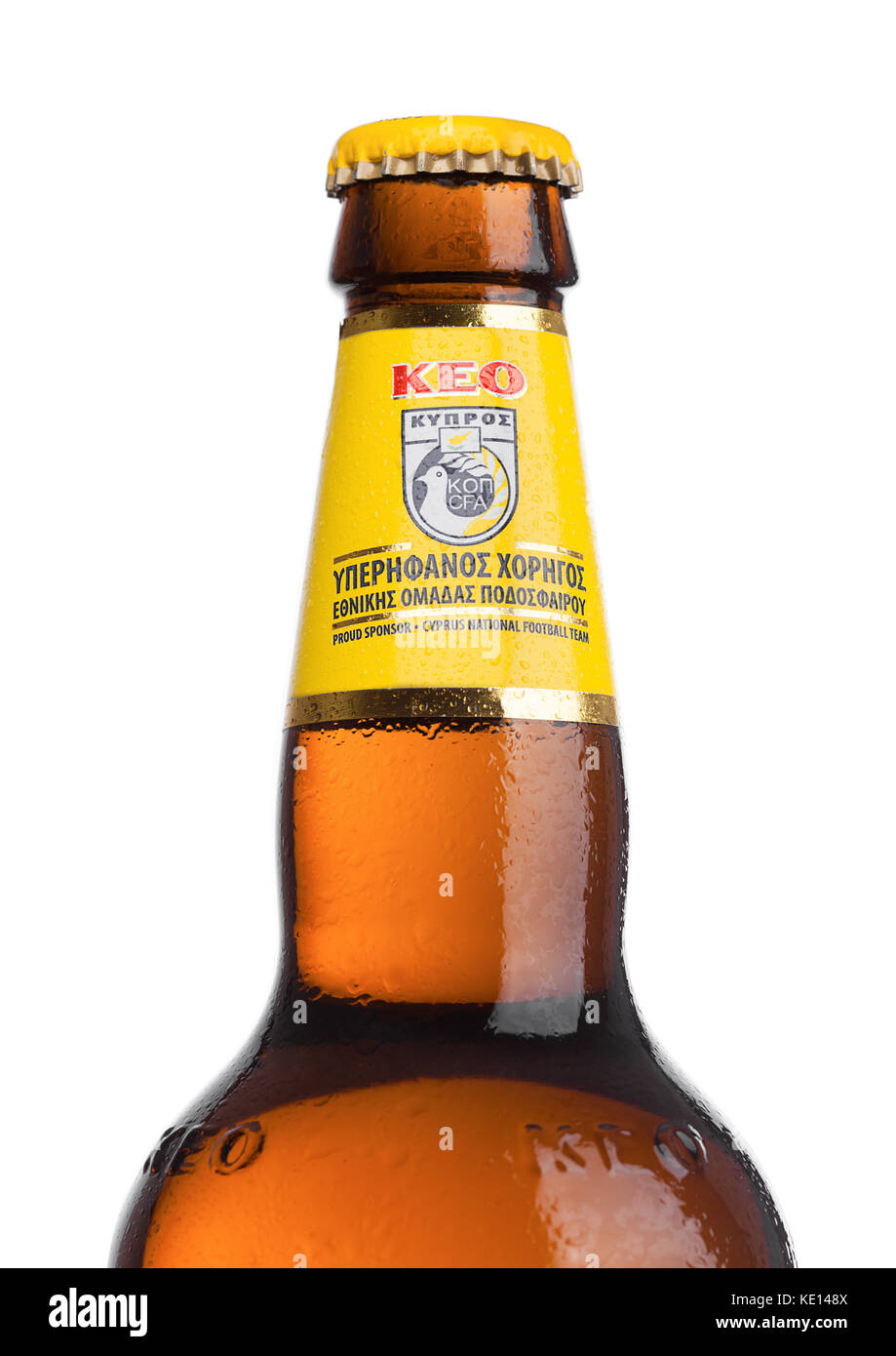 LONDON, UK - MAY 15, 2017: Bottle of KEO lager beer on white background ...