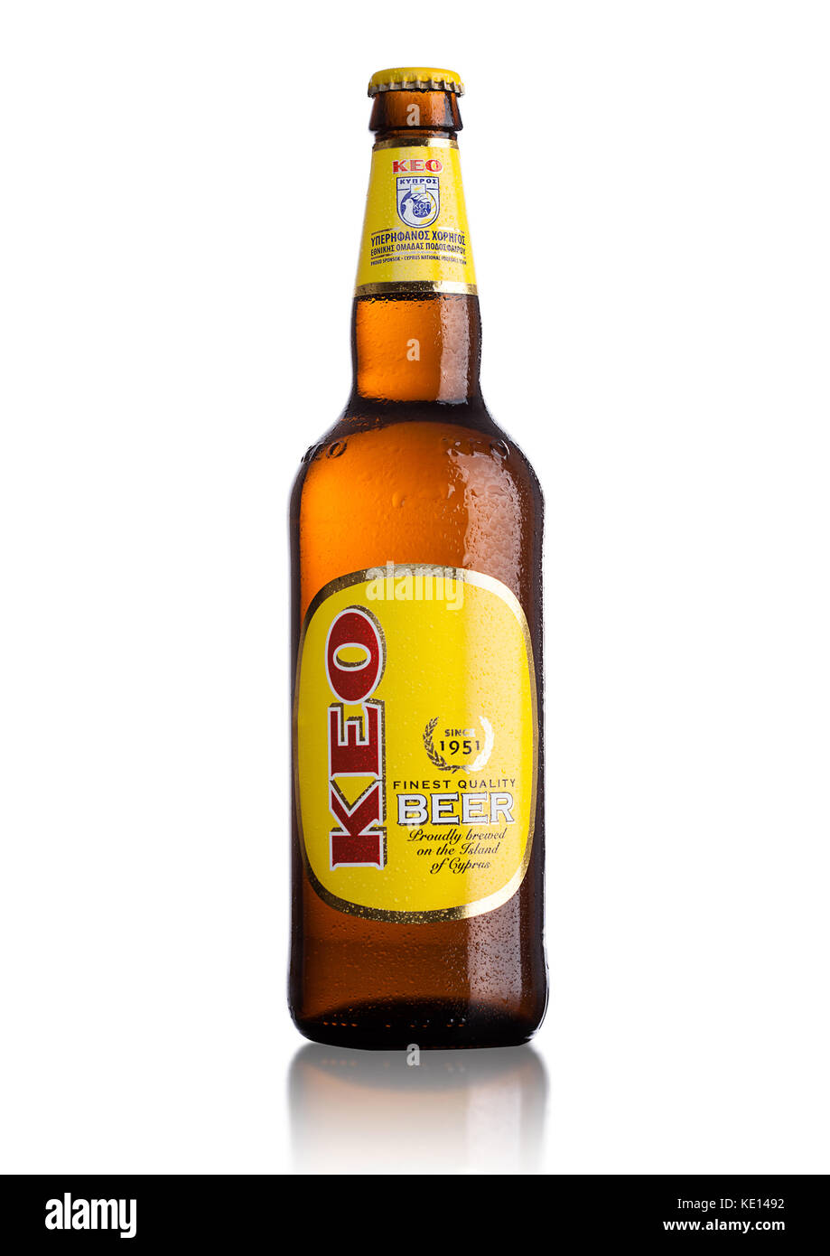 LONDON, UK - MAY 15, 2017: Bottle of KEO lager beer on white background ...
