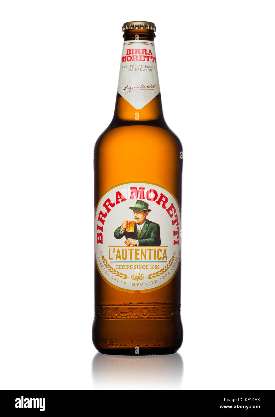 LONDON, UK - MAY 15, 2017: Bottle of Birra Moretti beer on white ...