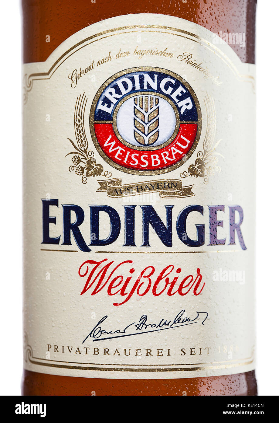 LONDON, UK - MARCH 15, 2017: Bottle label of Erdinger wheat beer on a ...