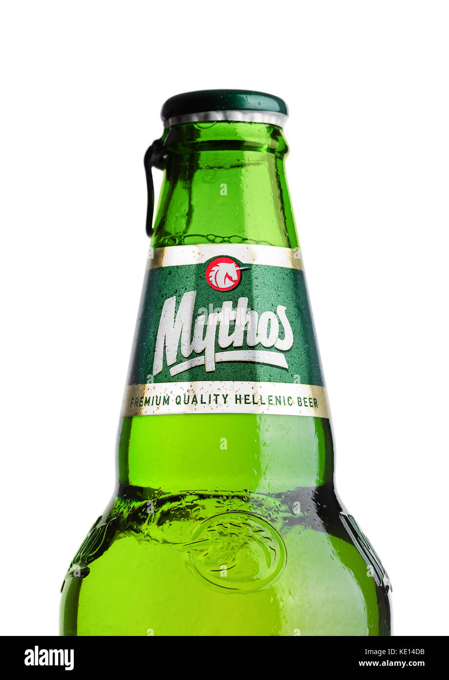 LONDON, UK - MARCH 15, 2017: Bottle of Mythos beer on white background ...