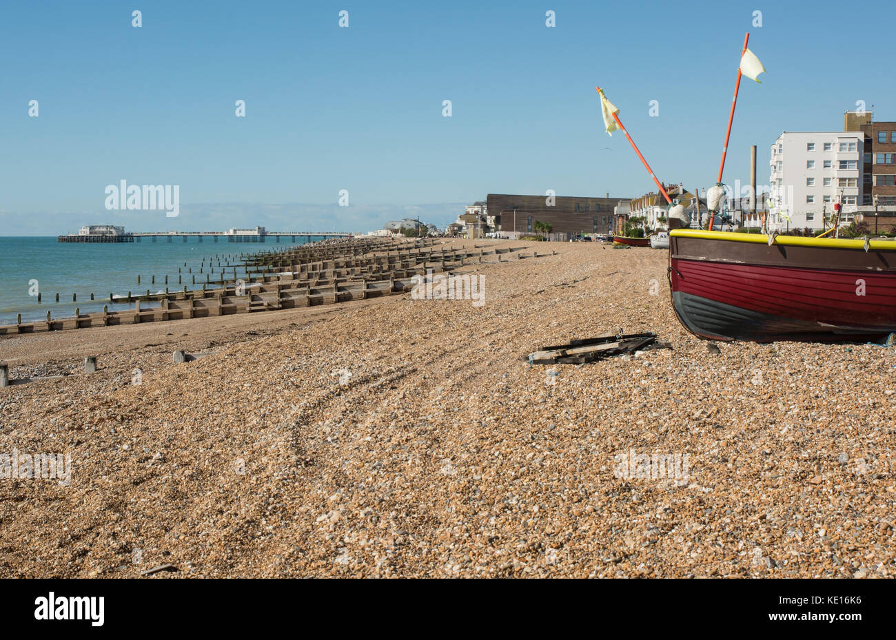 Seafront promenade and shingle beach at Worthing, West Sussex, England ...