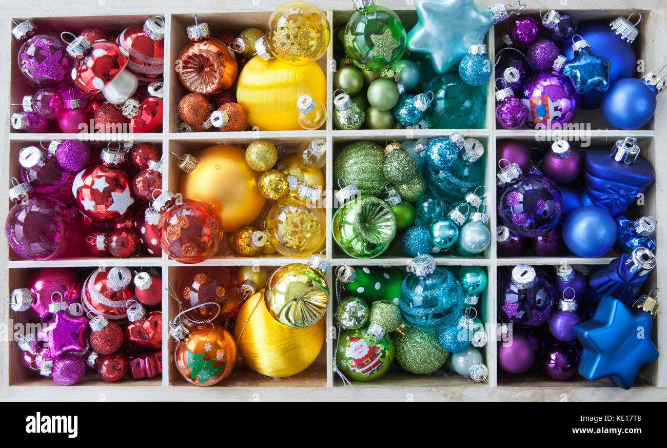 Christmas baubles in various bright colors as a background Stock Photo ...