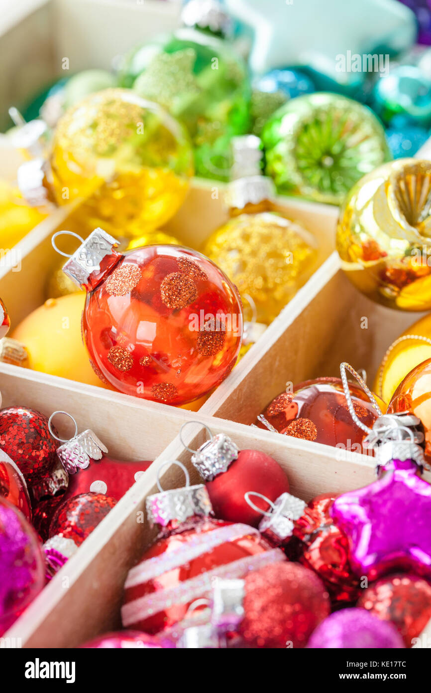 Christmas baubles in various bright colors as a background Stock Photo ...