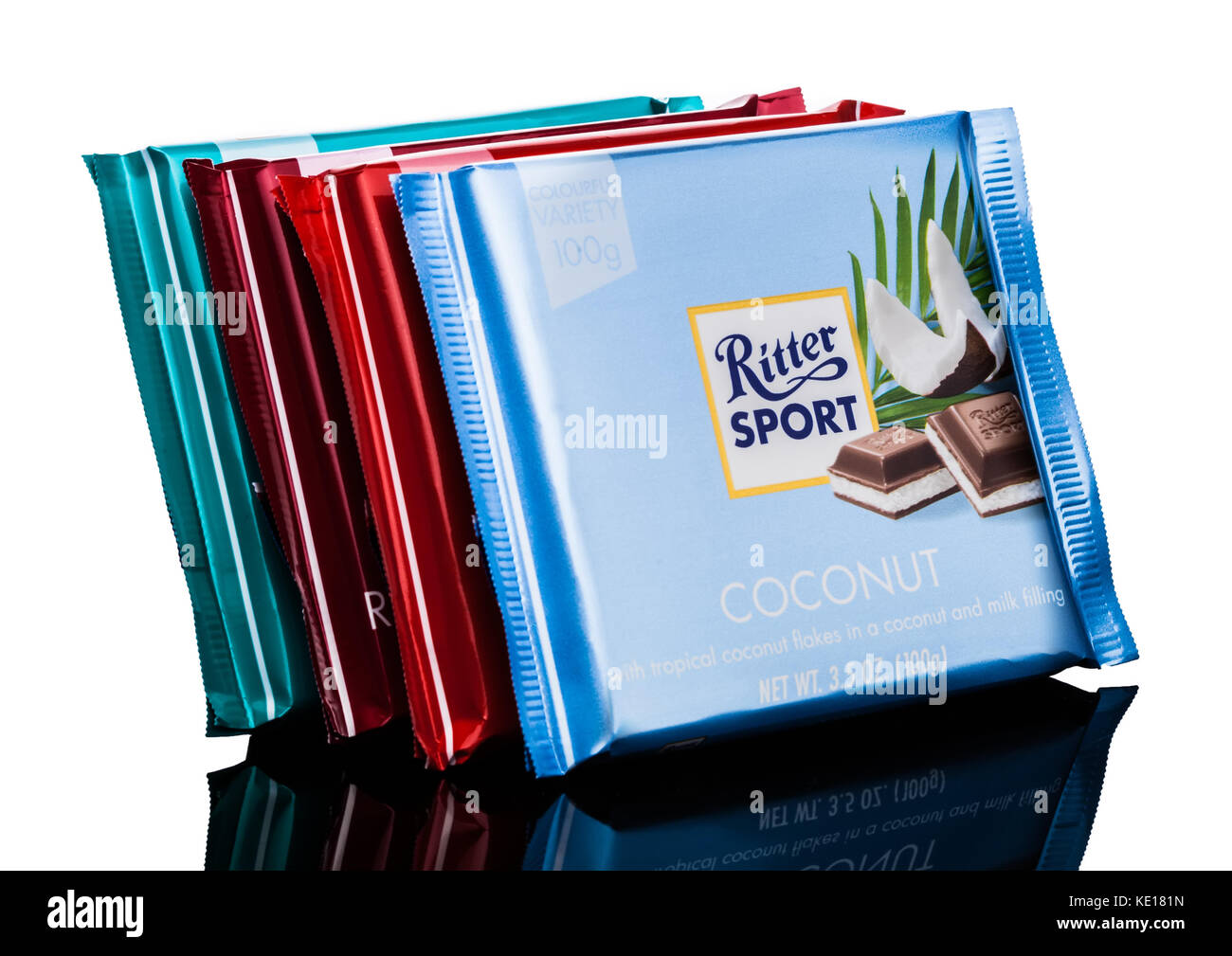 LONDON, UK - MAY 15, 2017: Ritter Sport milk chocolate bars with ...