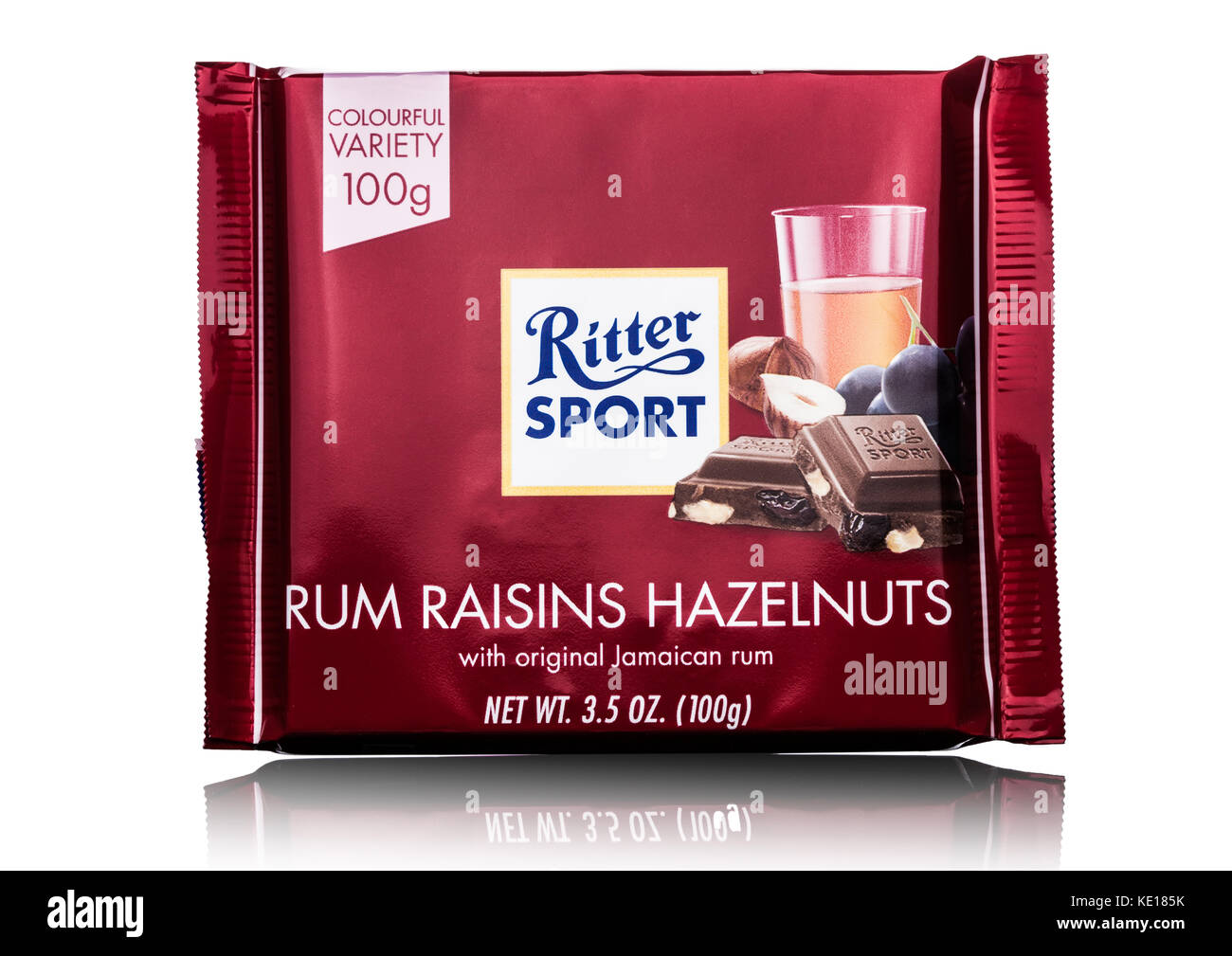 LONDON, UK - MAY 15, 2017: Ritter Sport milk chocolate bar with rum ...