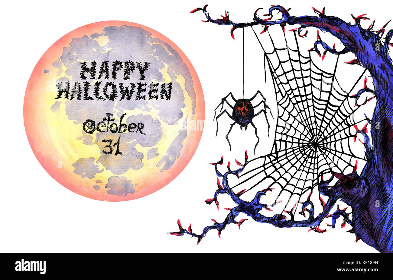Dark web with spider and full moon, Happy Halloween, Hand painted ...