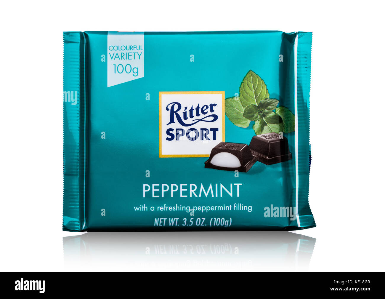 LONDON, UK - MAY 15, 2017: Ritter Sport milk peppermint bar with ...