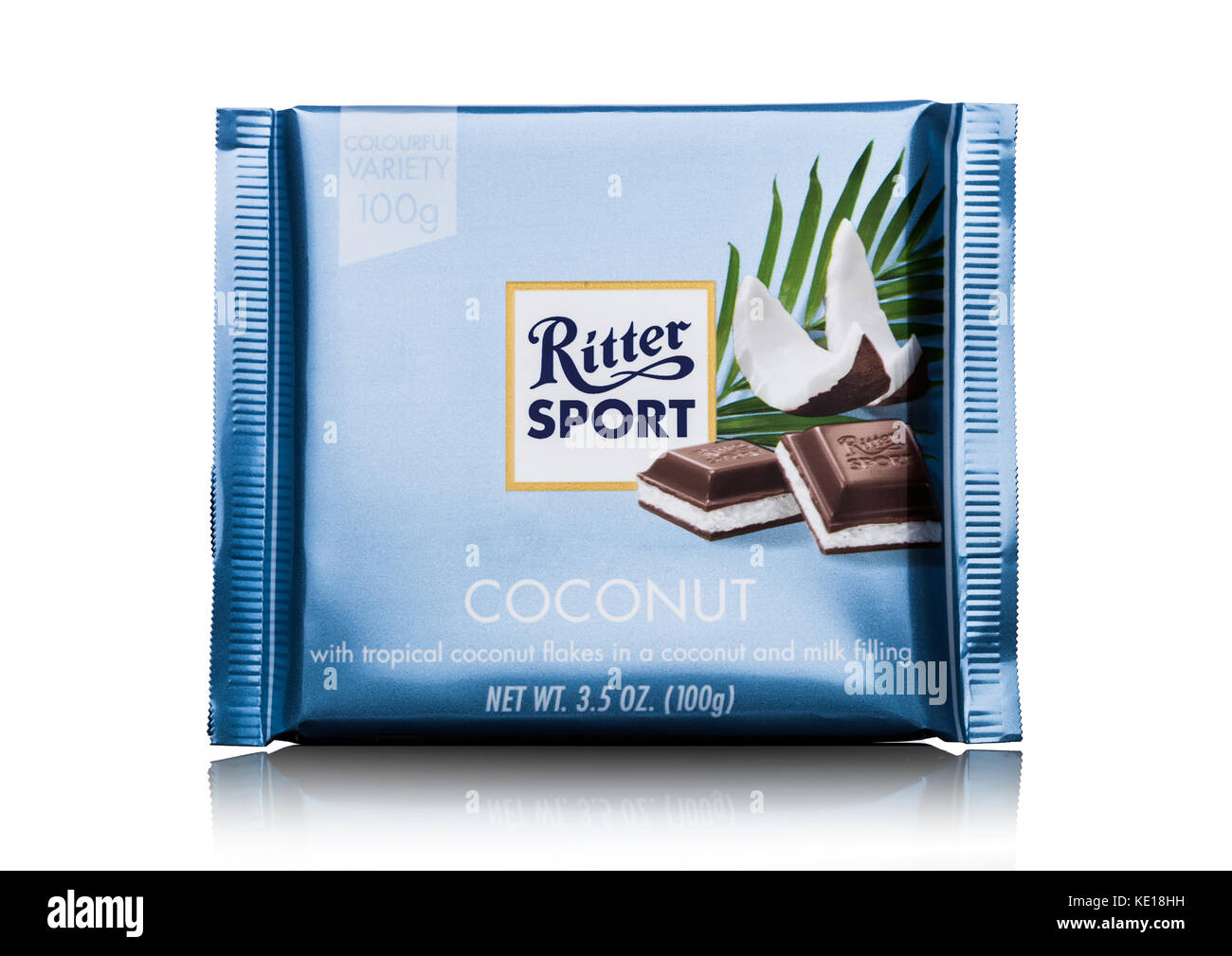 LONDON, UK - MAY 15, 2017: Ritter Sport milk chocolate bar with coconut ...