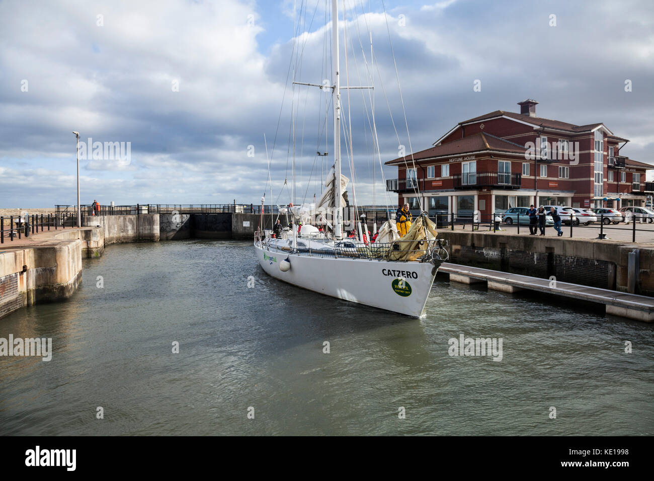 A sailing boat entering the Marina at Hartlepool, England, UK Stock ...