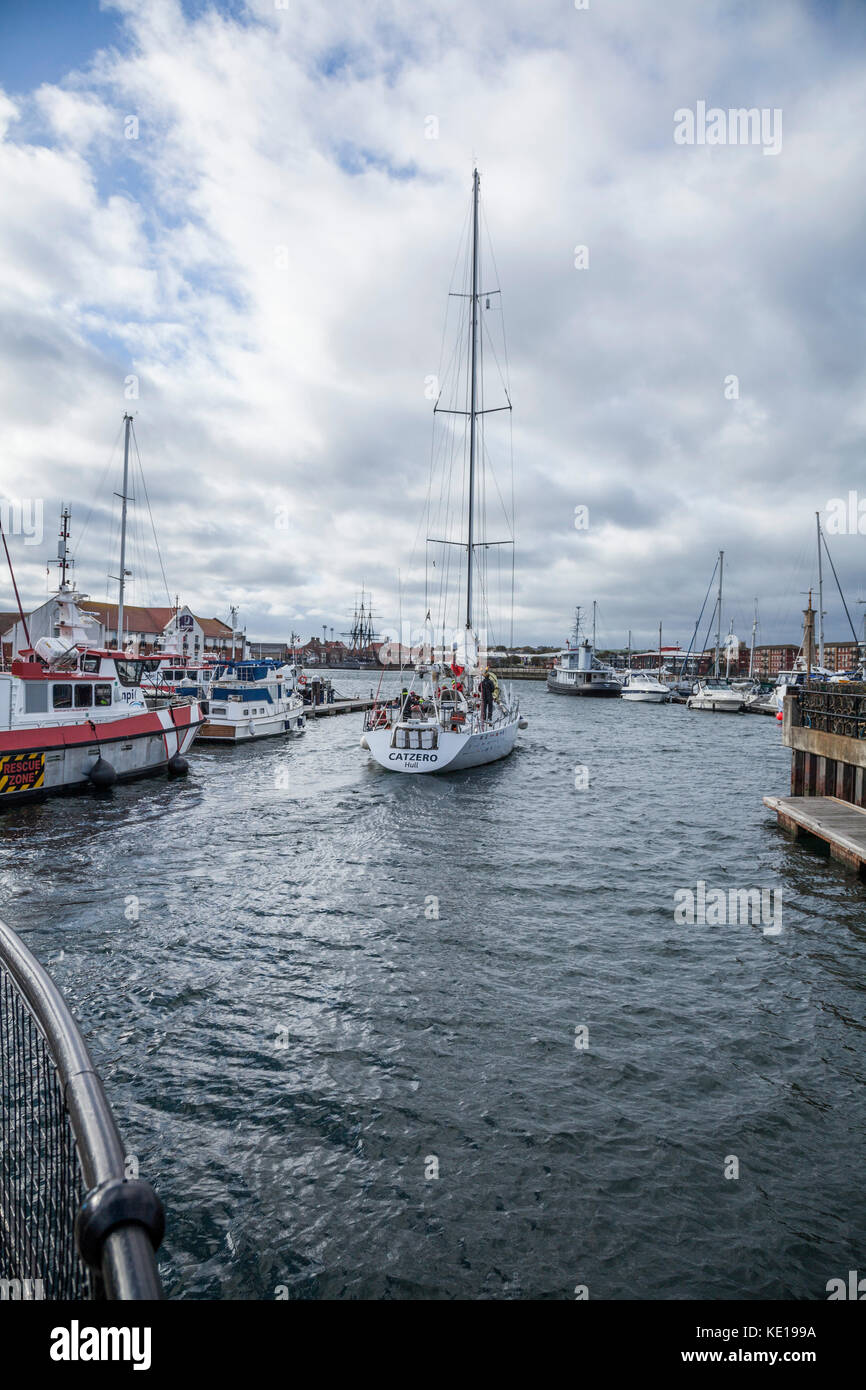 A sailing boat entering the Marina at Hartlepool, England, UK Stock ...