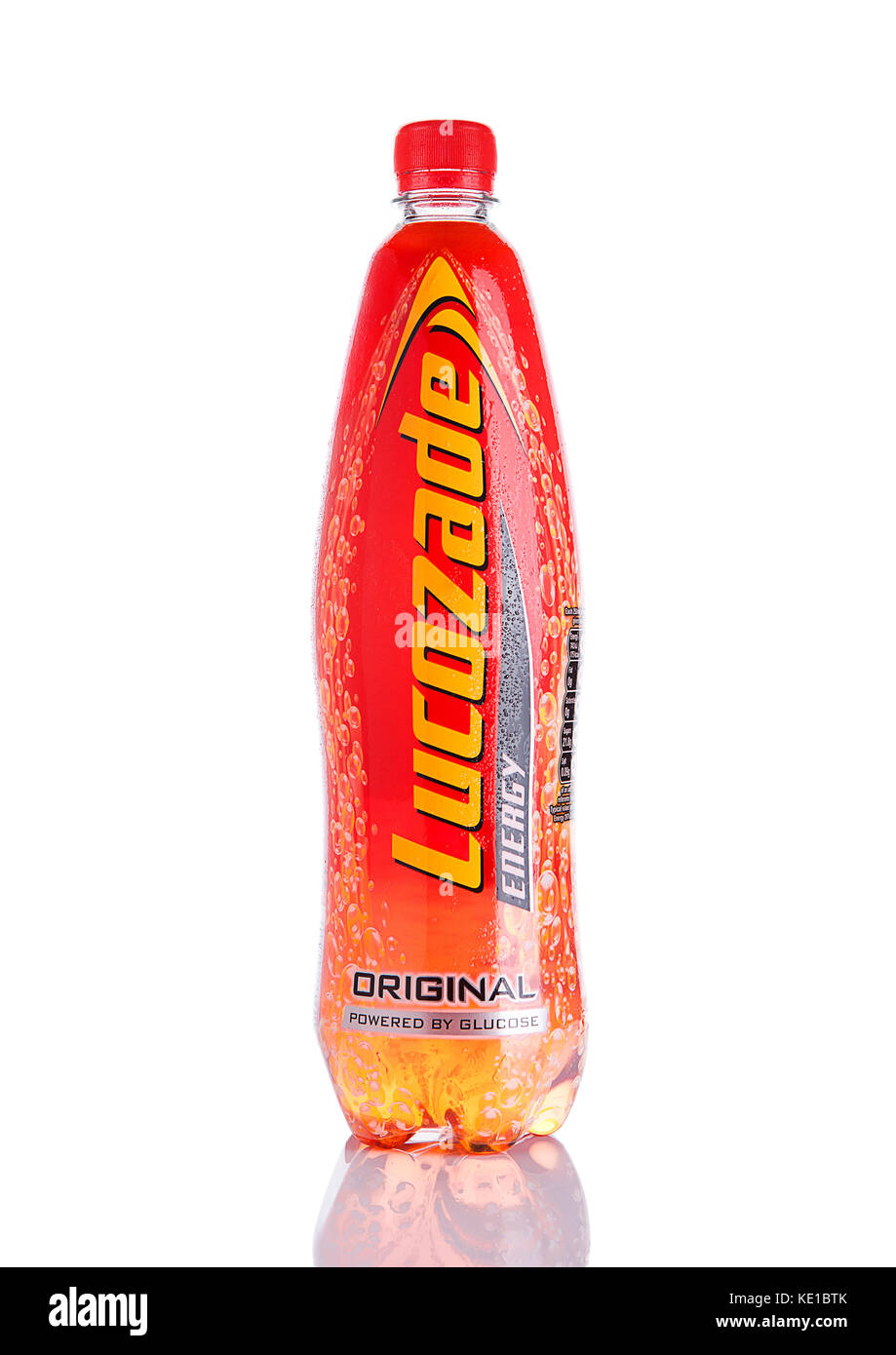 LONDON, UK - NOVEMBER 17, 2016: Lucozade Original Energy Drink shot in ...