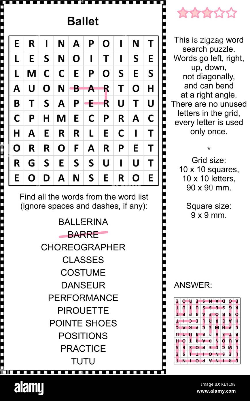 Ballet themed zigzag word search puzzle (suitable both for kids and ...