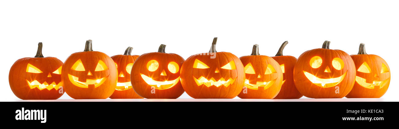 Many Halloween Pumpkins in a row isolated on white background Stock ...