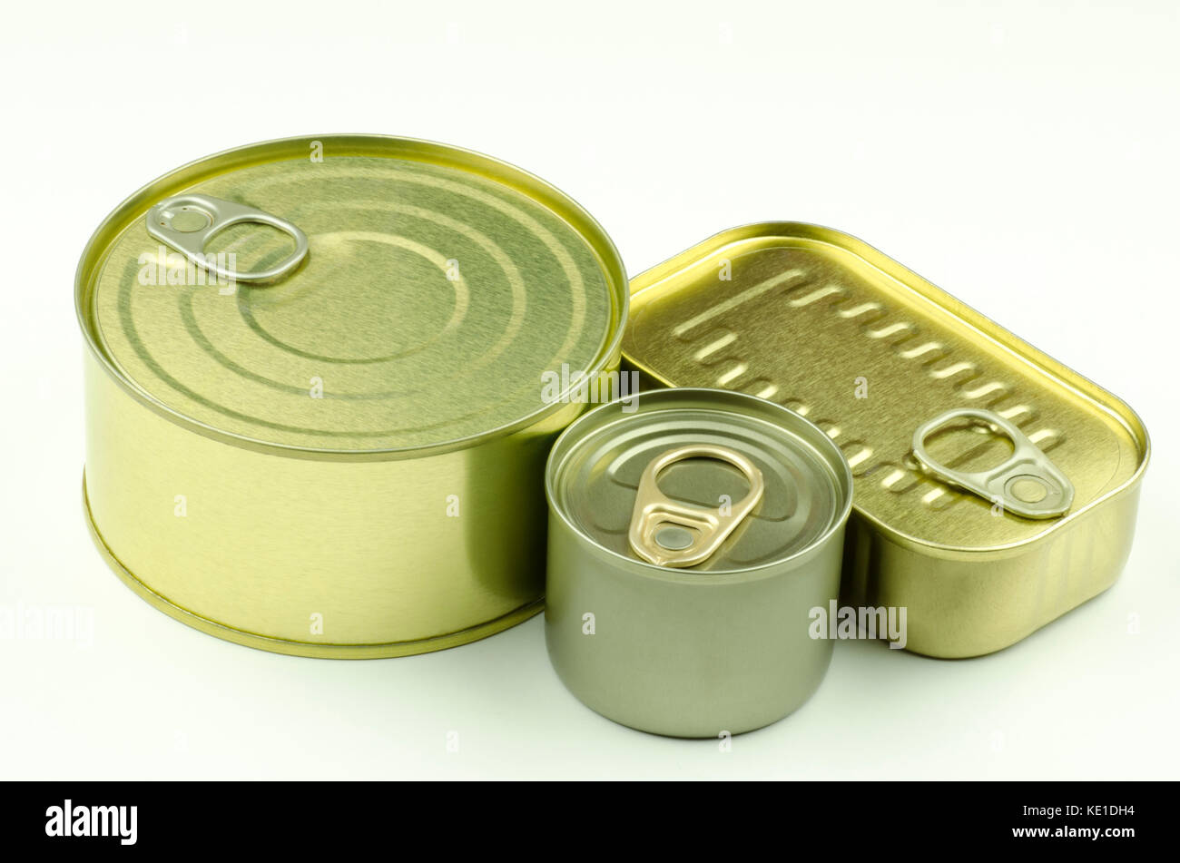 Close-up view of various tins and cans on white background Stock Photo ...
