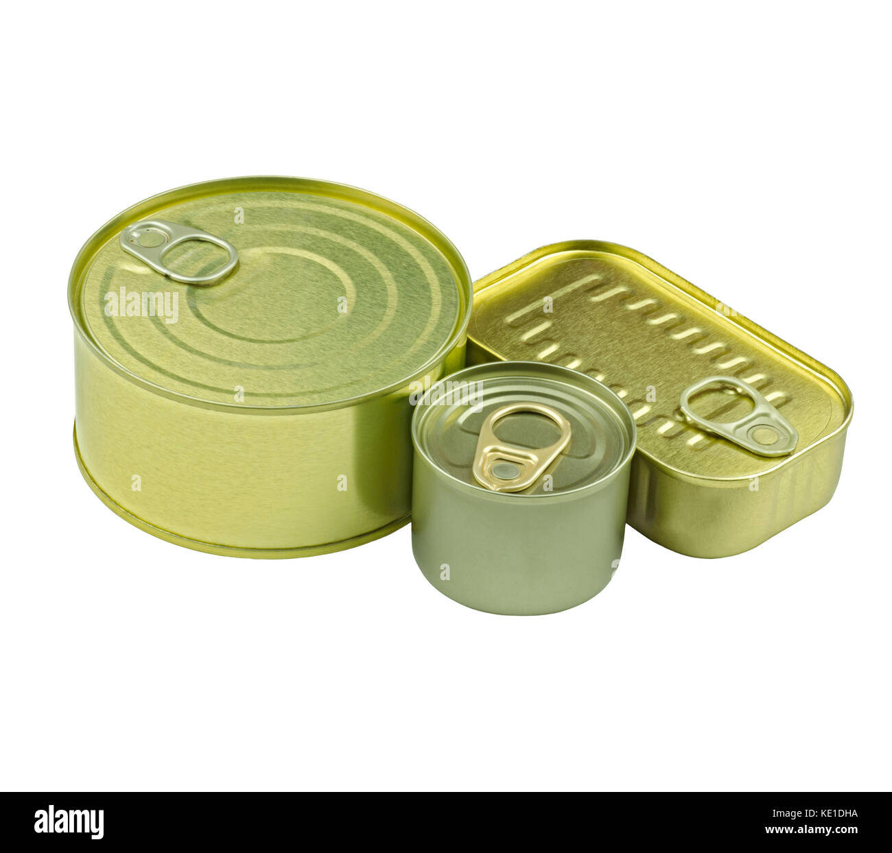 Close-up view of various tins and cans isolated on white background ...