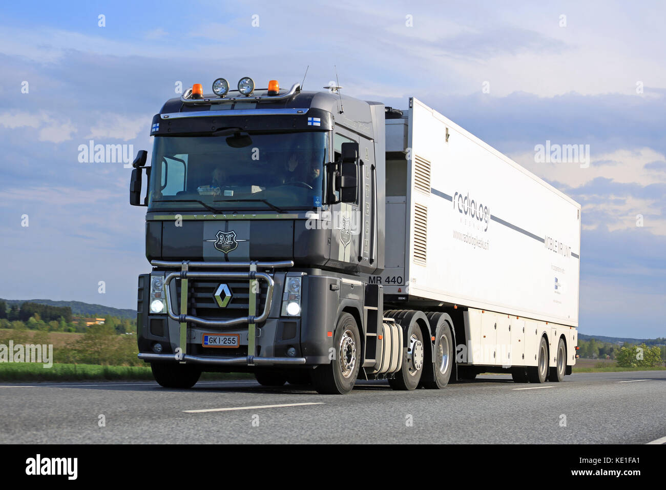 SALO, FINLAND - MAY 13, 2016: Grey Renault Magnum semi truck transports ...