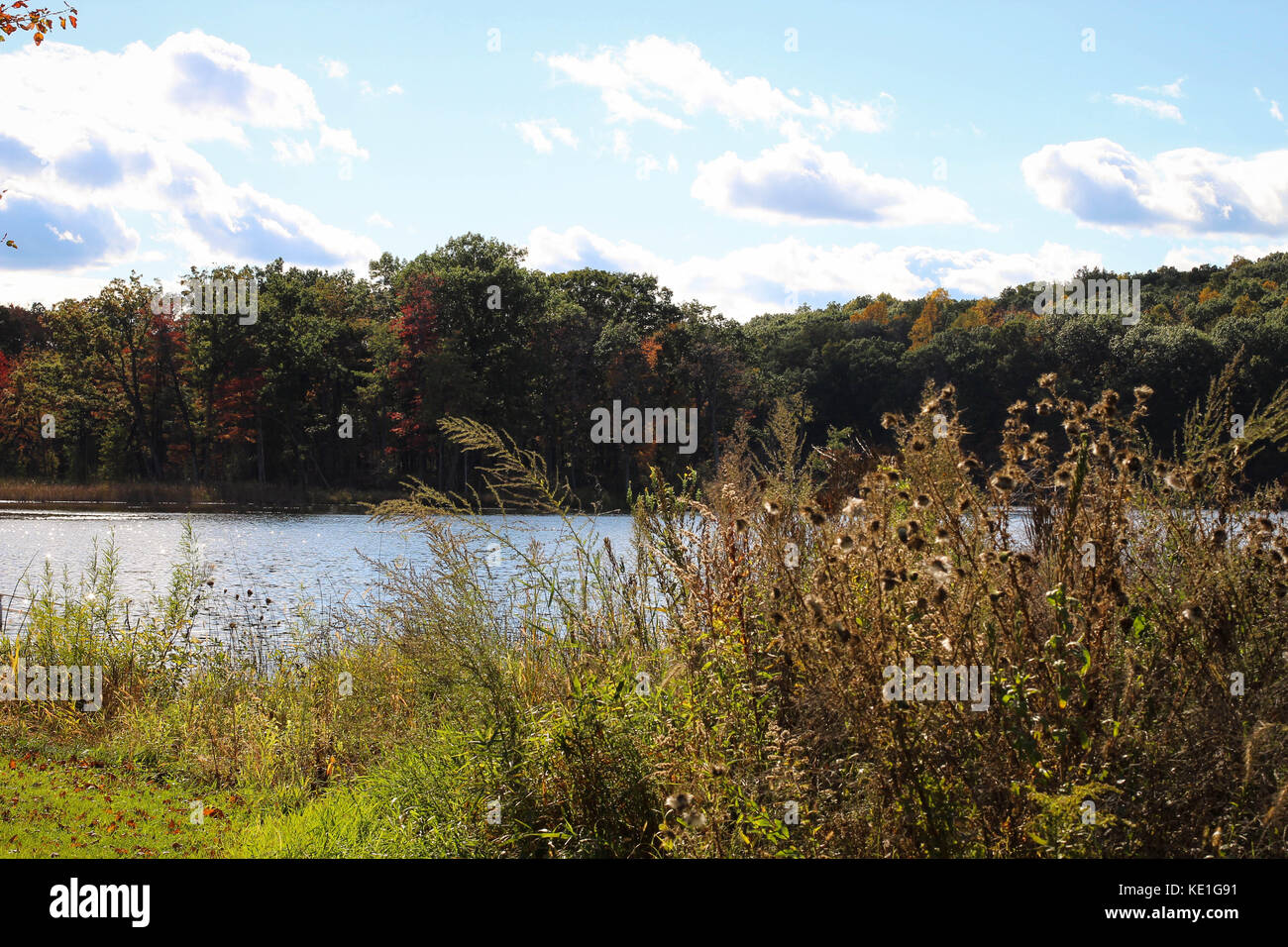 A beautiful scenic overlook in Michigan on a lake in the Autumn month ...
