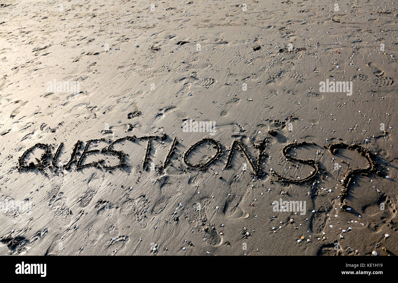 Text QUESTIONS with question mark on the sand can be used for the end ...
