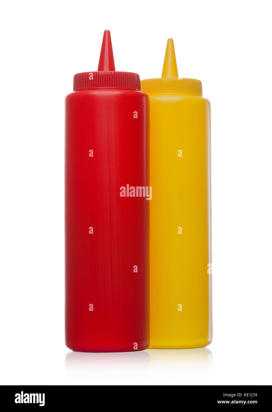 Classic plastic container with ketchup and mustard on white background ...