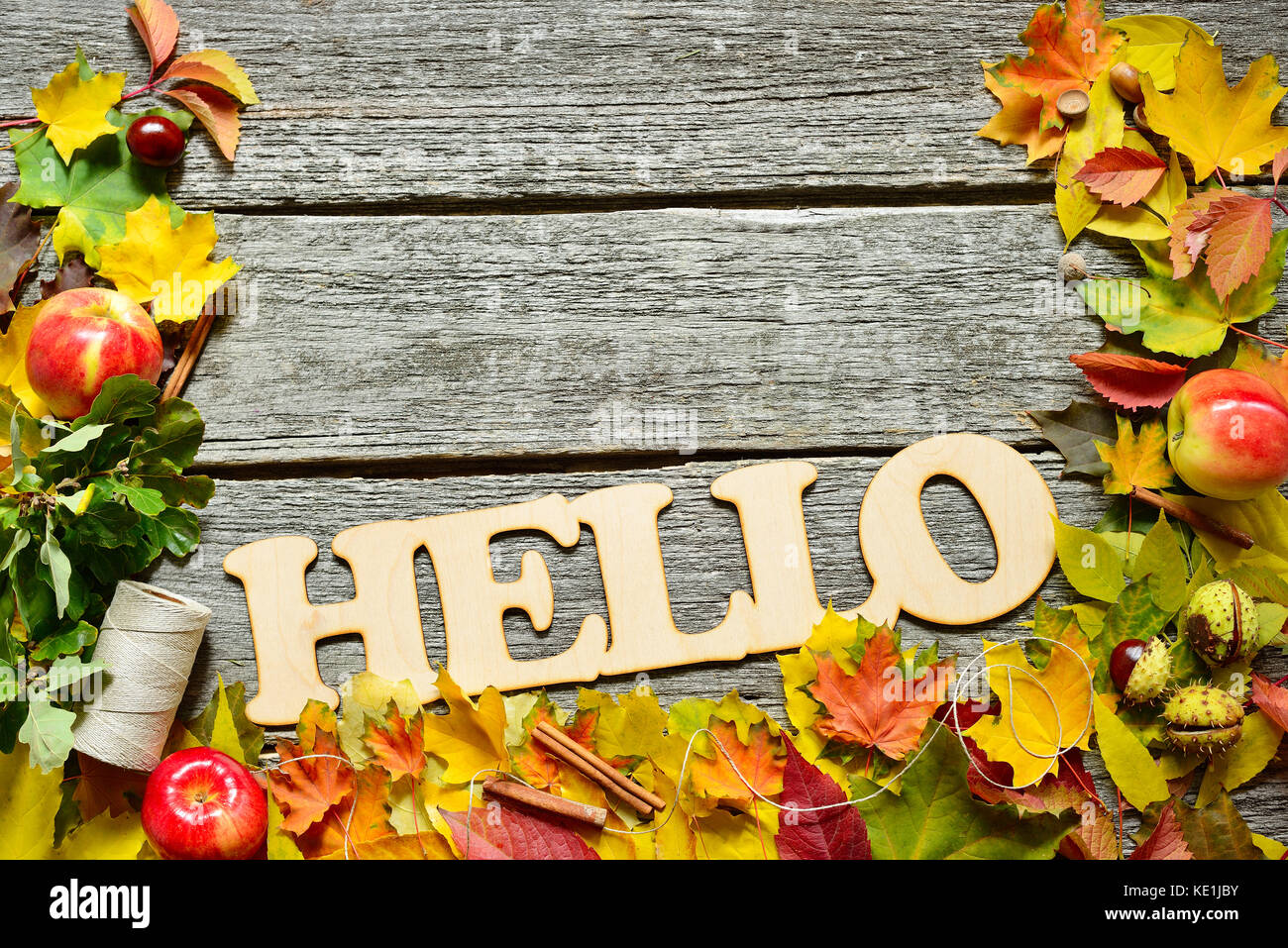 Flat lay frame of hello autumn red, green and yellow leaves, acorns and ...