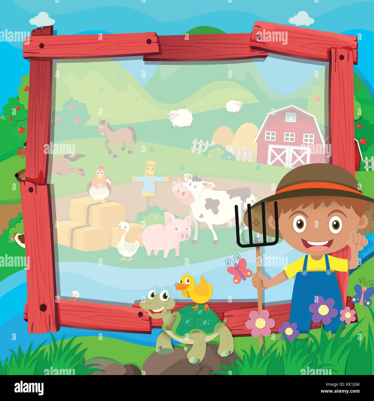 Border design with farmer and animals illustration Stock Vector Image ...