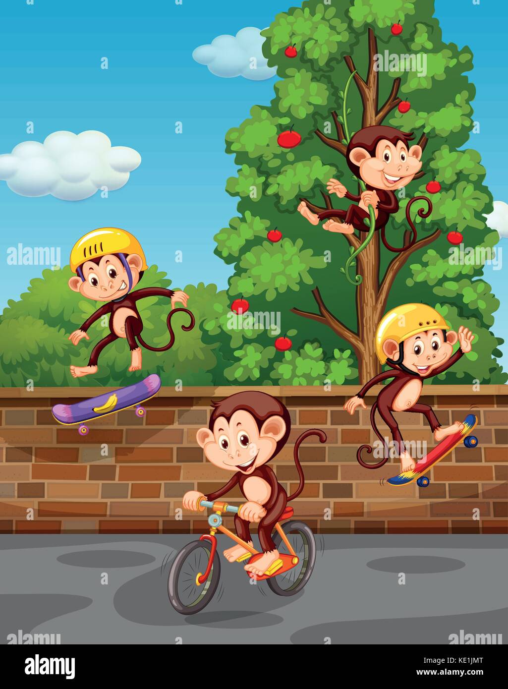 Four monkeys playing on the street illustration Stock Vector Image ...