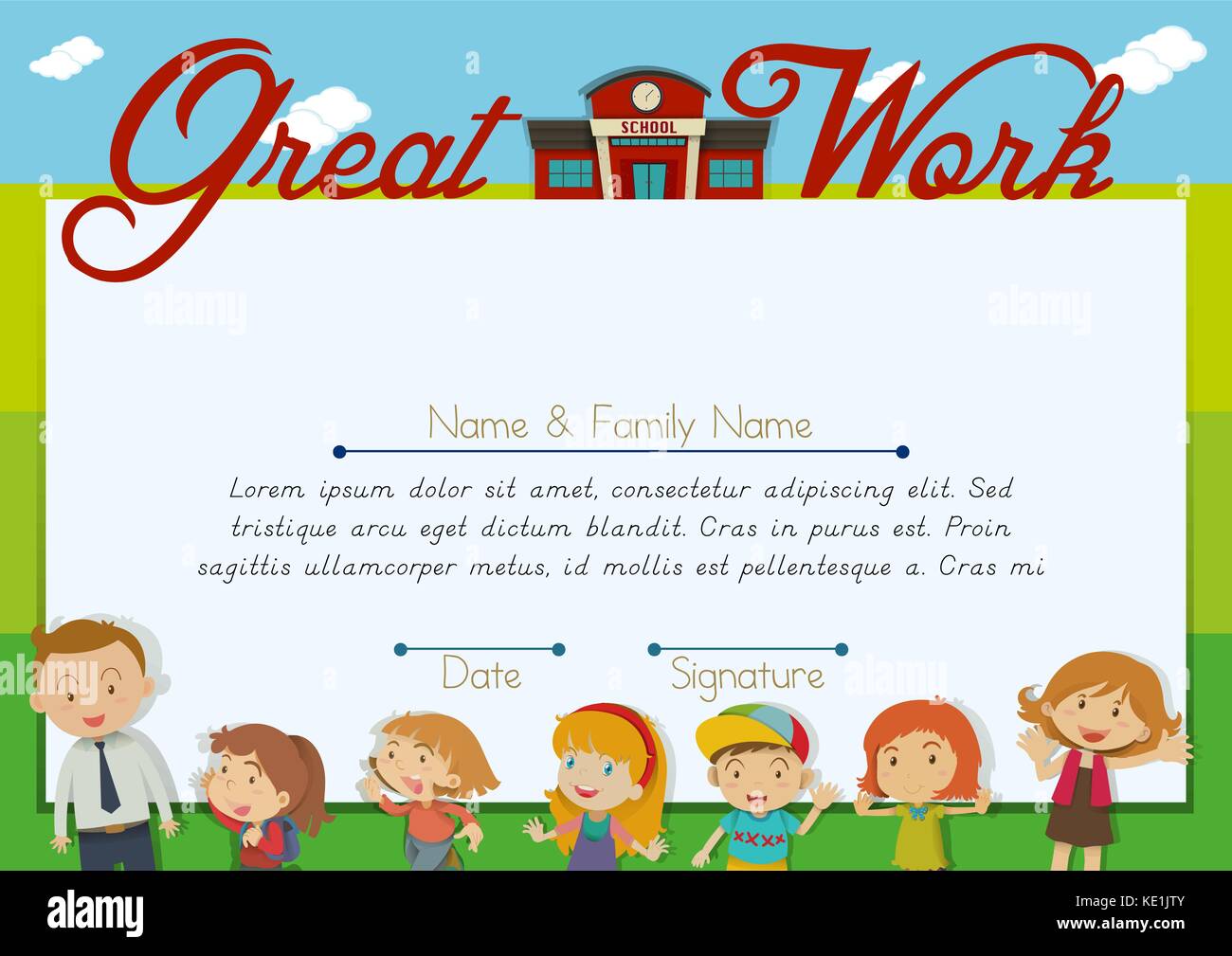 Certificate with teachers and students in background illustration Stock ...