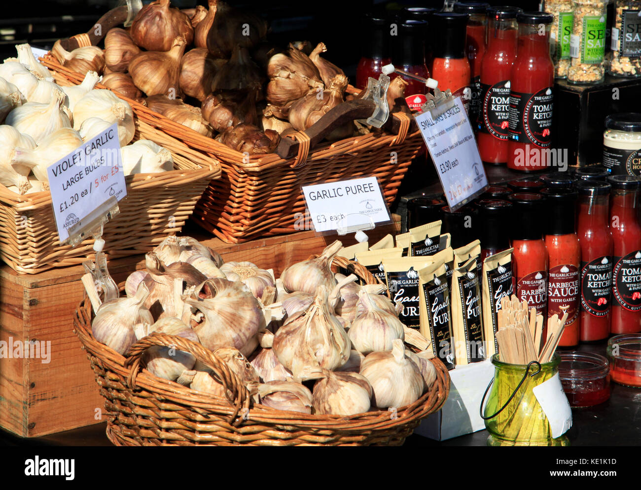 A market stall selling garlic and other products in Salisbury ...