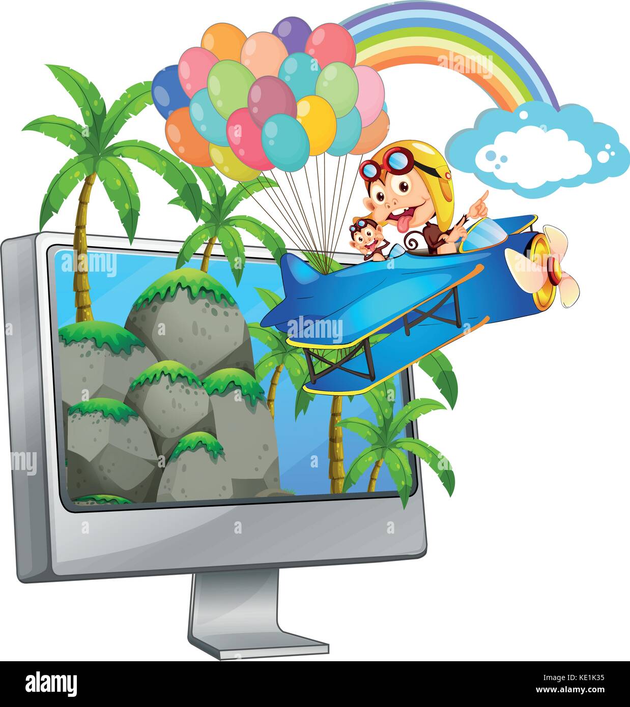 Computer screen with monkey on airplane illustration Stock Vector Image ...