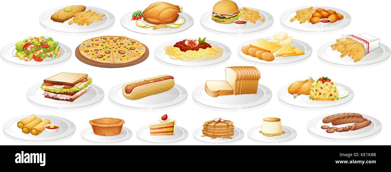 Different kind of food on plates illustration Stock Vector Image & Art ...
