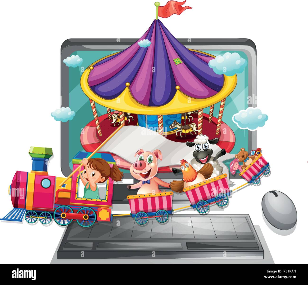 Computer screen with children and animals on train illustration Stock ...