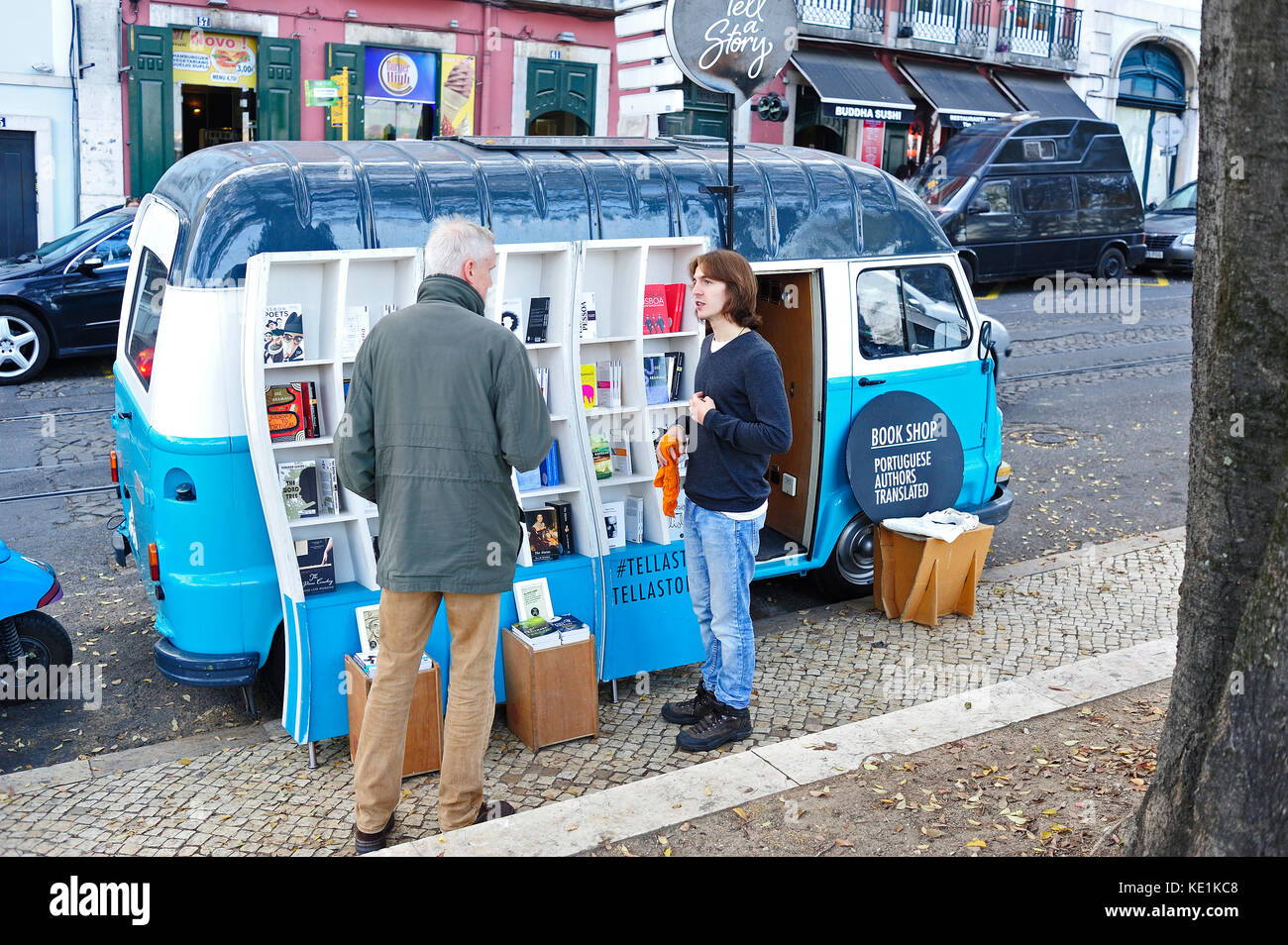 mobile bookshop in restored Renault van beside Sao Pedro de Alcantara ...