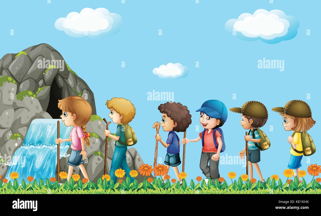 Children hiking in the field illustration Stock Vector Image & Art - Alamy