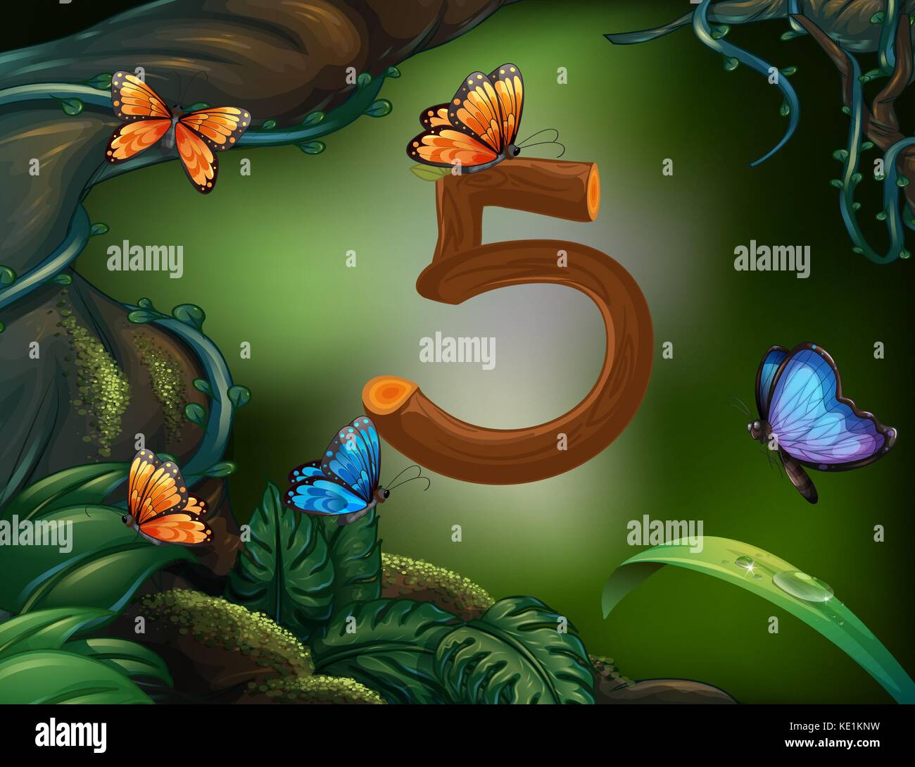 Number five with 5 butterflies in the garden illustration Stock Vector ...