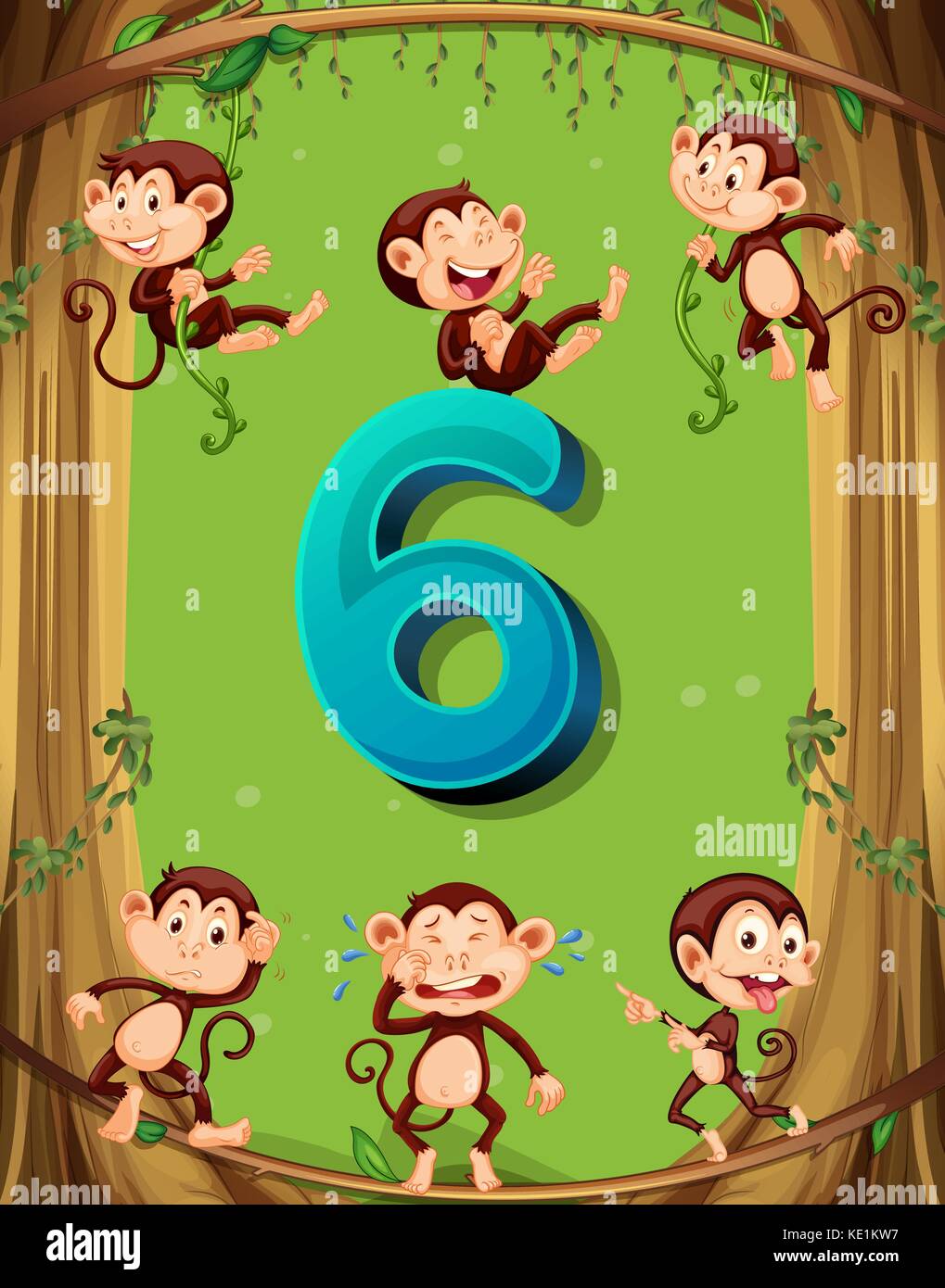 Number six with 6 monkeys on the tree illustration Stock Vector Image ...