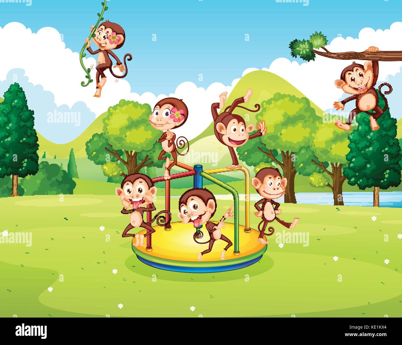 Many monkeys playing in the park illustration Stock Vector Image & Art ...