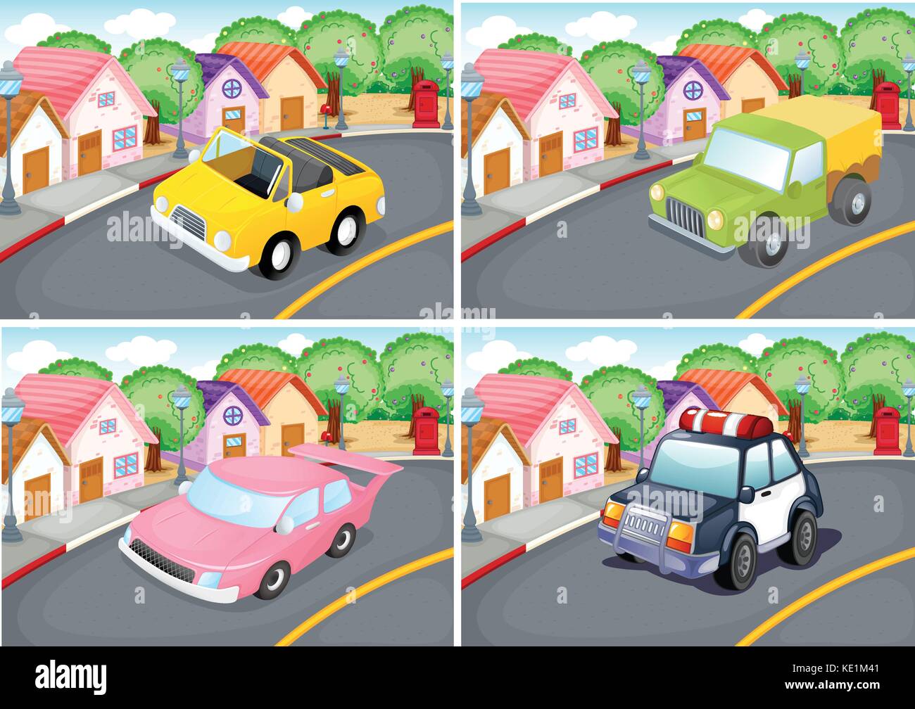 Four scenes of neighborhood with car on the road illustration Stock ...