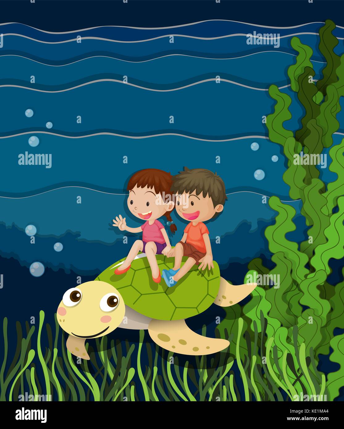 Boy and girl riding on turtle underwater illustration Stock Vector ...