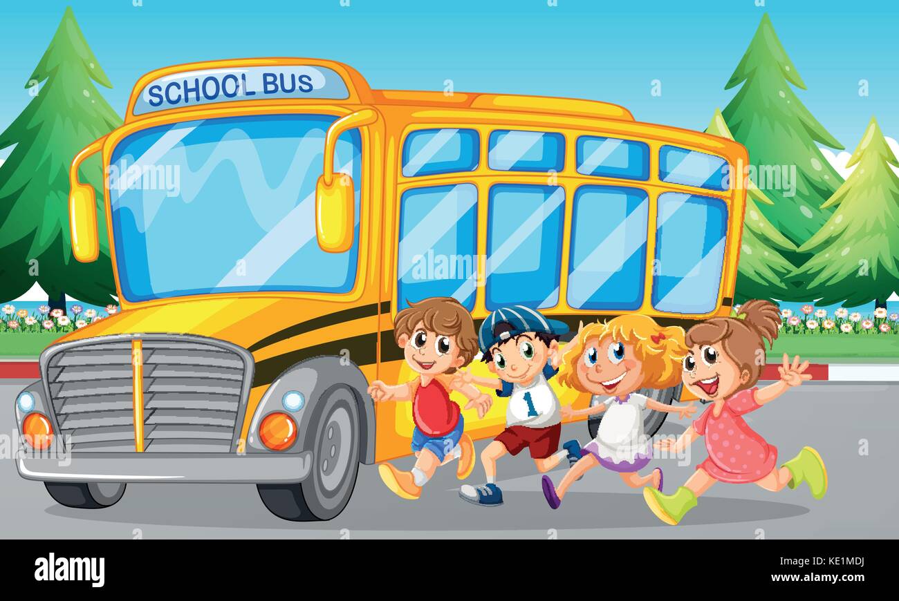 Students and school bus on the road illustration Stock Vector Image ...
