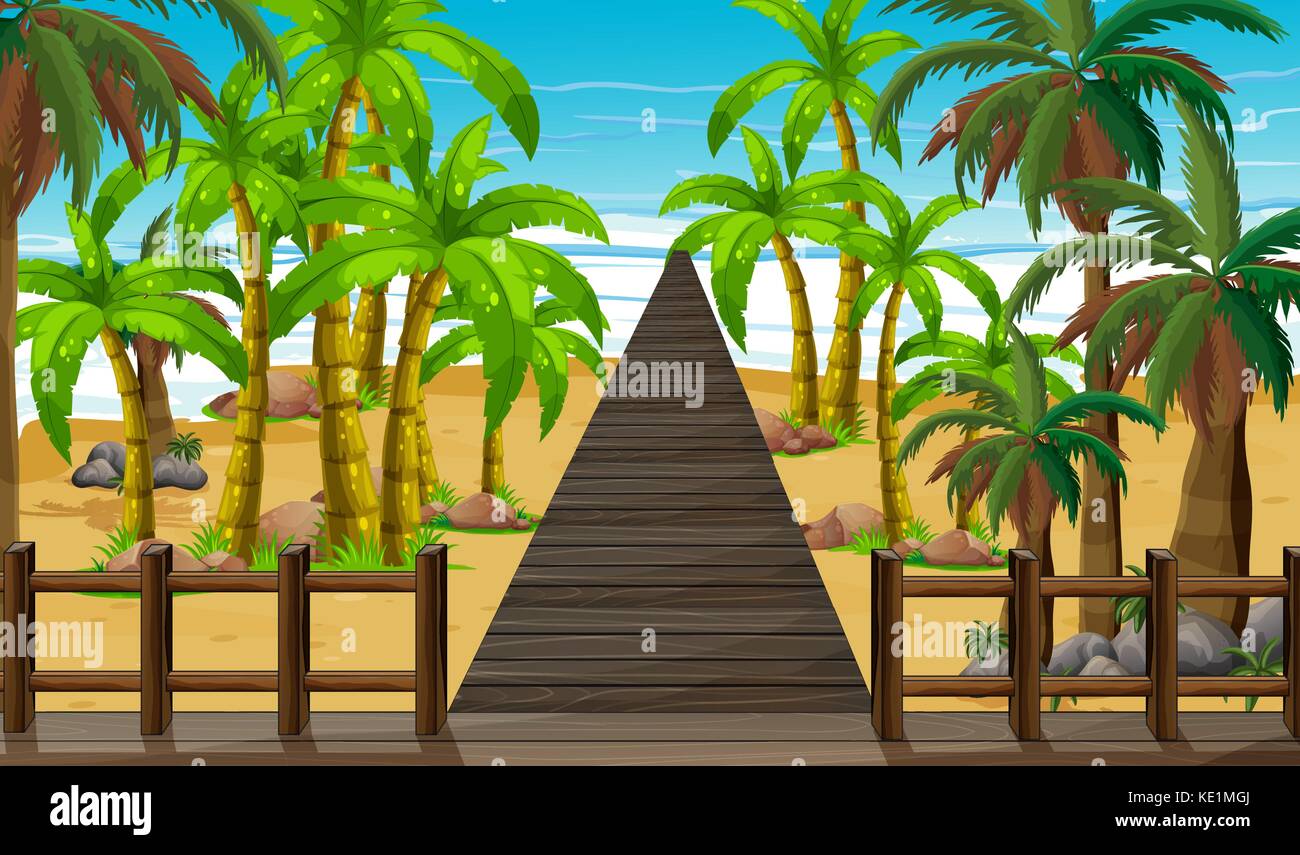 Nature scene with bridge to the ocean illustration Stock Vector Image ...