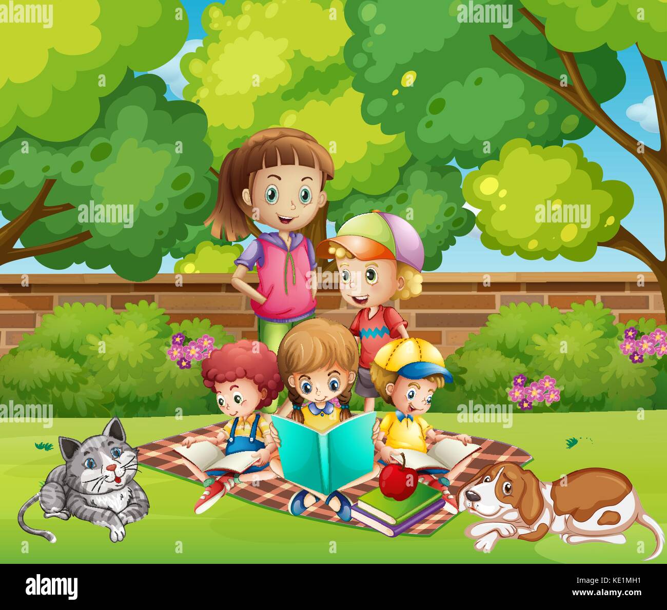 Children reading books in the garden illustration Stock Vector Image ...