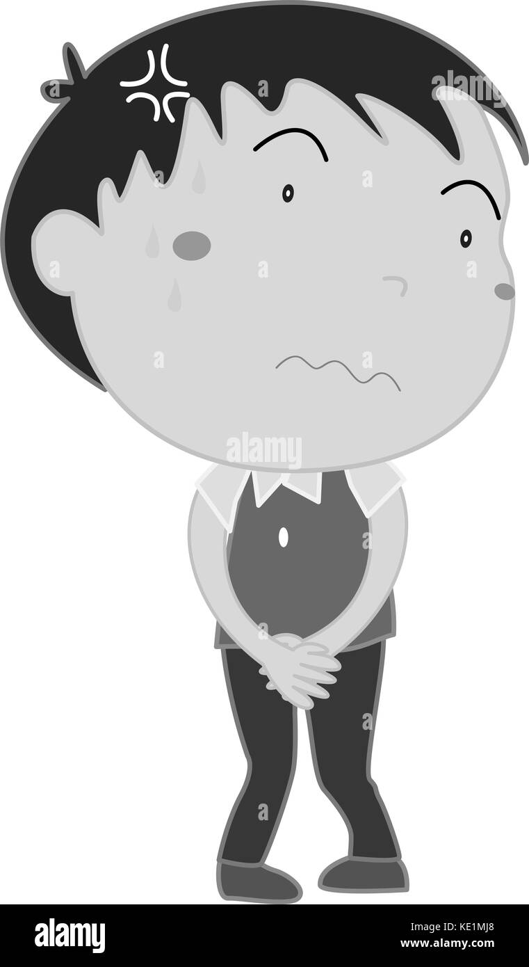 Boy holding pee in black and white illustration Stock Vector Image ...