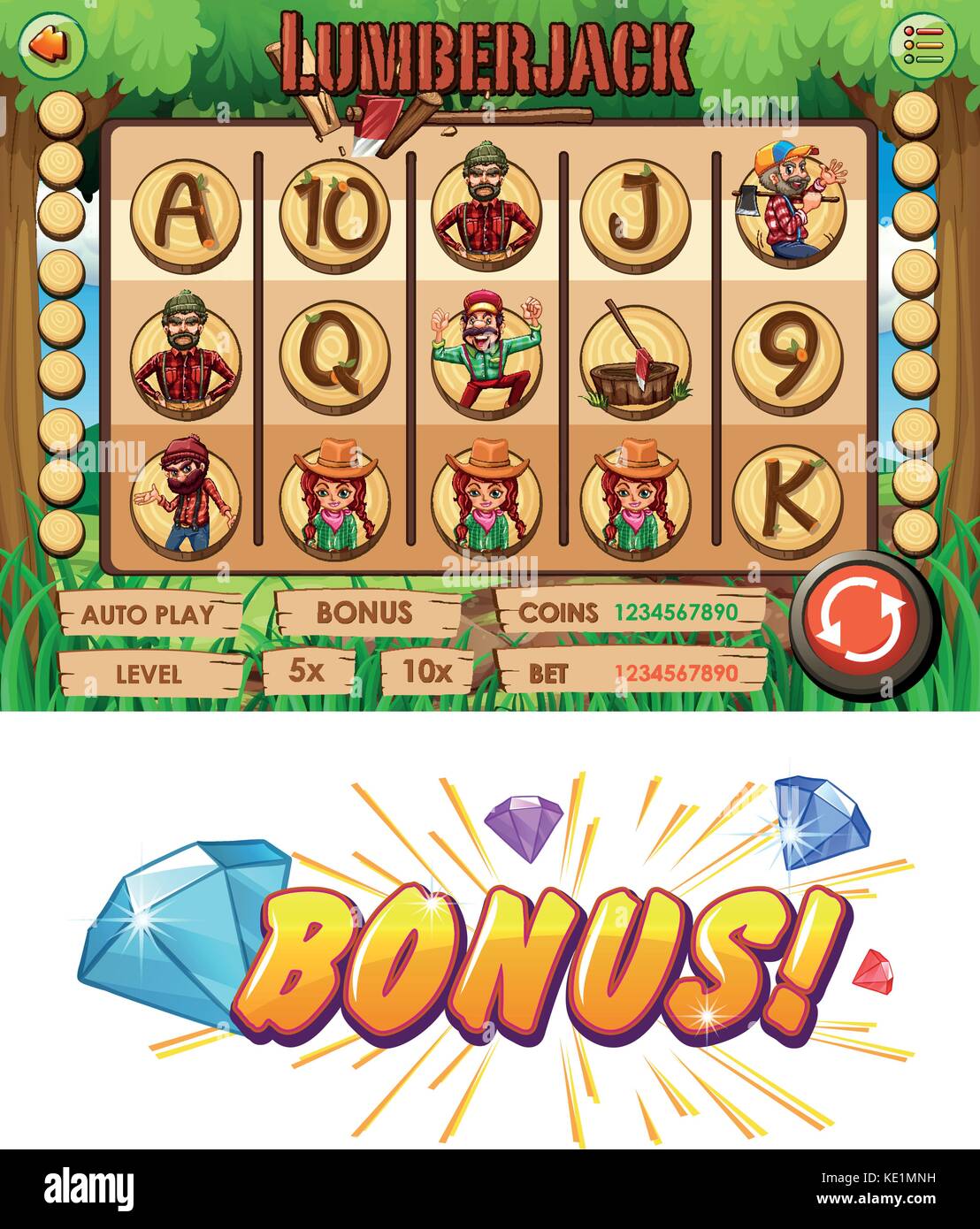 Computer game template with lumberjack theme illustration Stock Vector ...