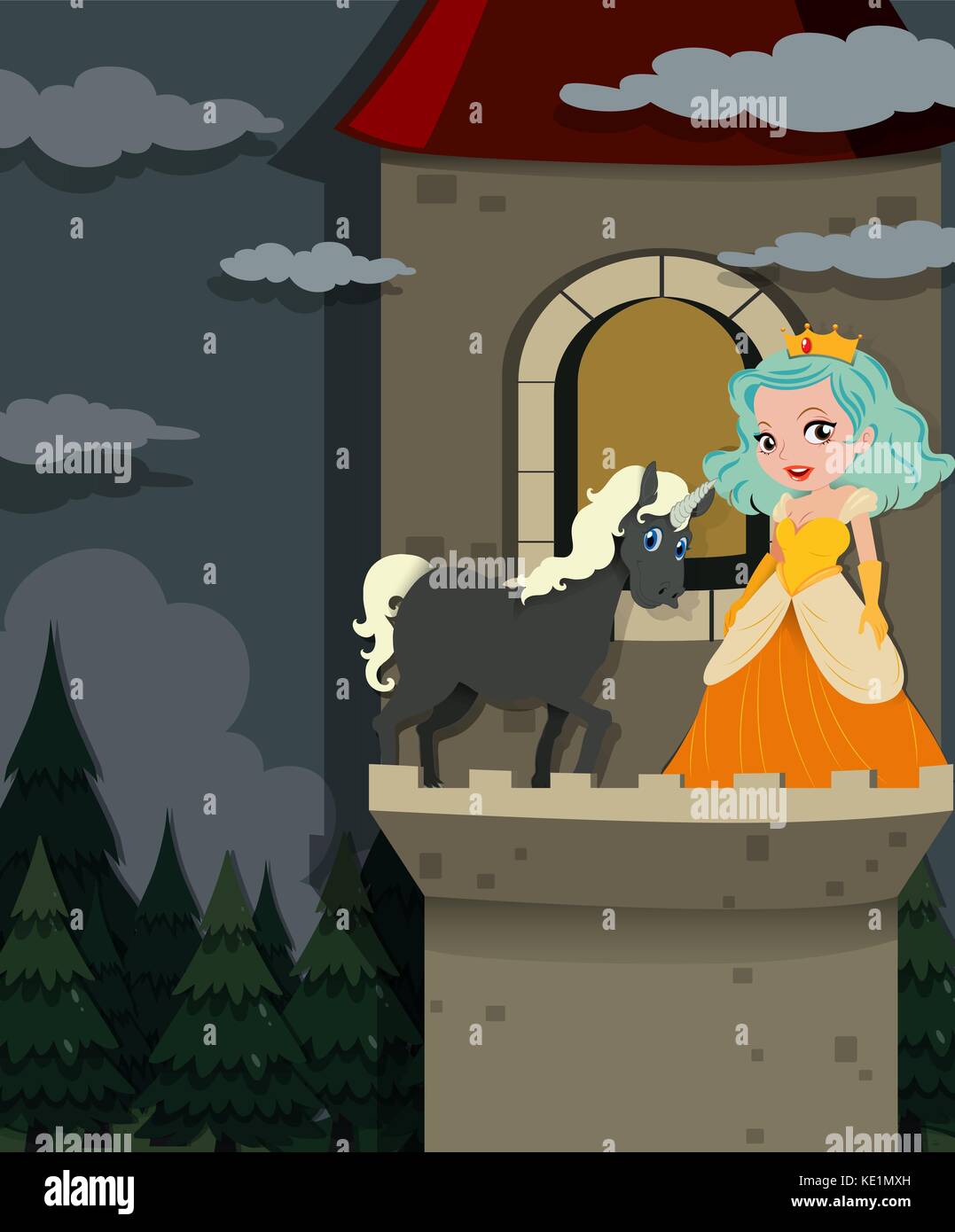 Princess and unicorn in the tower illustration Stock Vector Image & Art ...