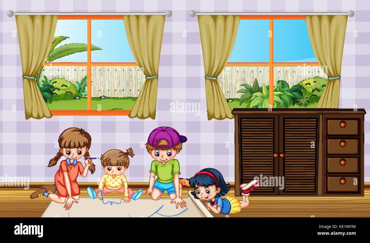 Children drawing picture in the room illustration Stock Vector Image ...