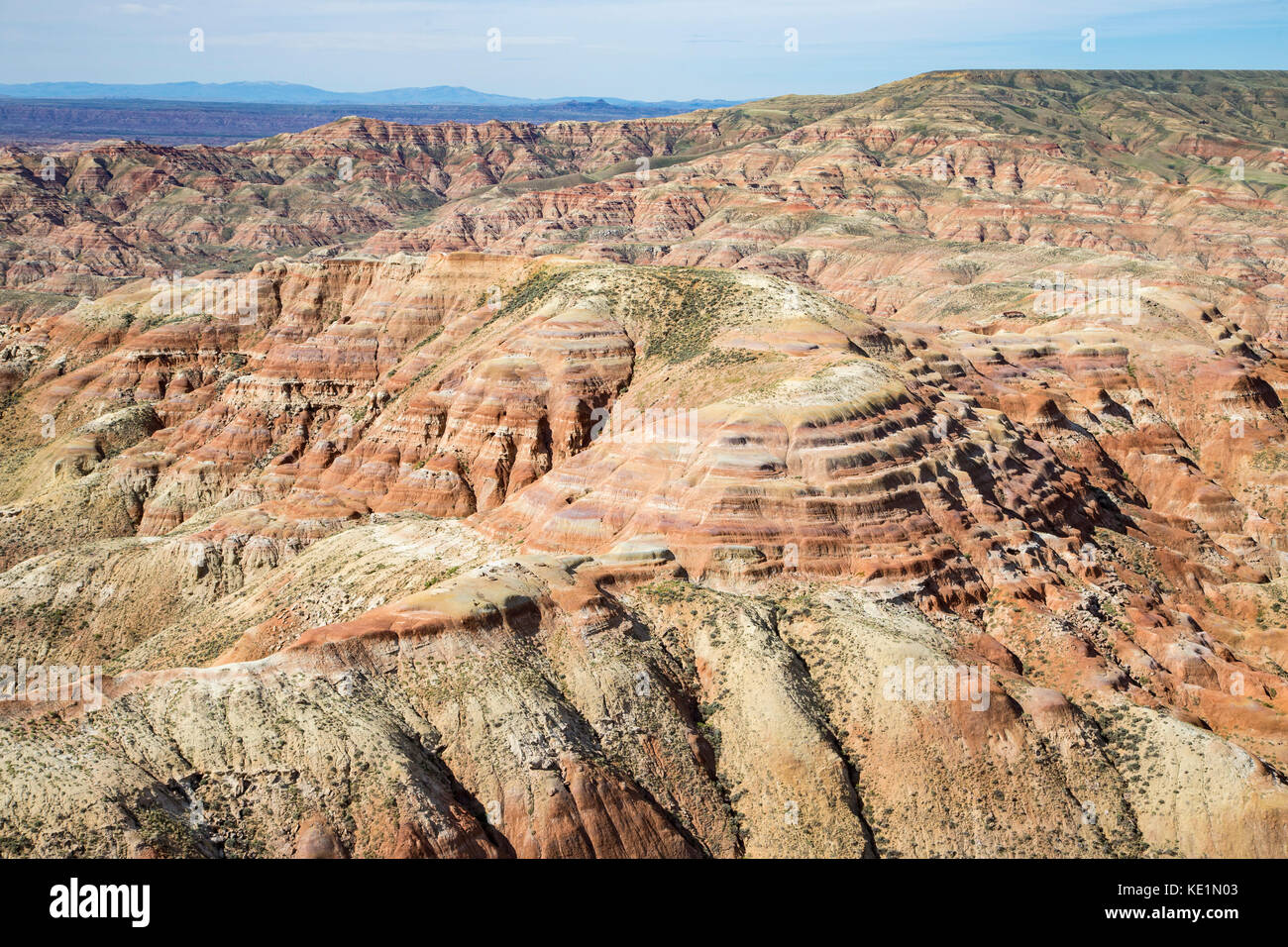 Aerial photo of the Sheep Mountain Badlands in the Bighorn Basin of ...