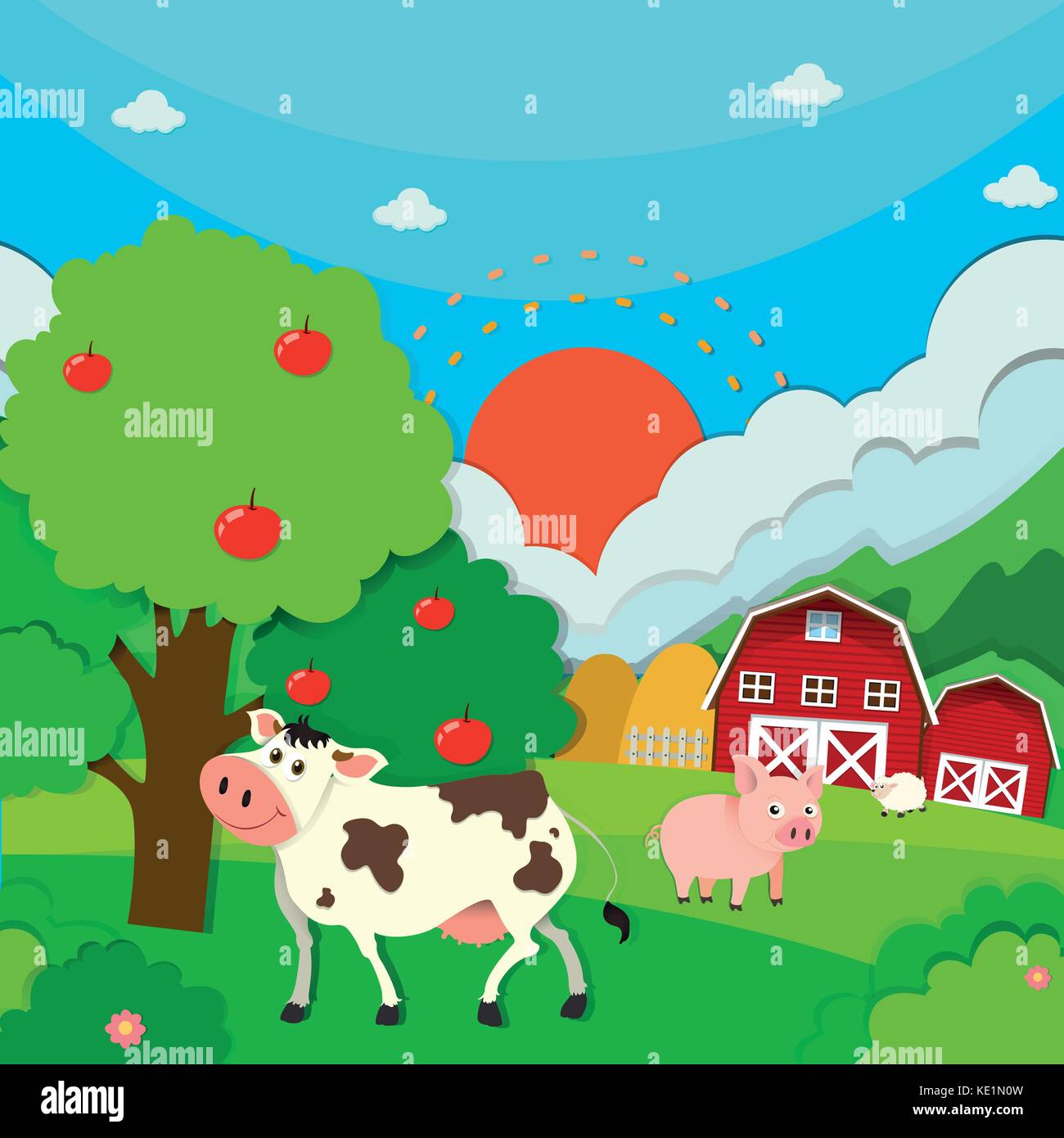 Farm scene with animals and barn illustration Stock Vector Image & Art ...