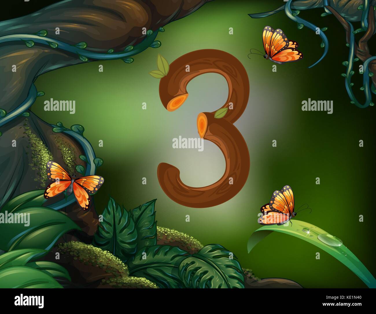 Number three with 3 butterflies in the garden illustration Stock Vector ...
